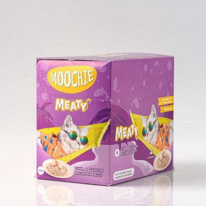 Moochie Tuna & Scallop Recipe In Jelly Mince 12X70G. Pouch – Pets Qatar